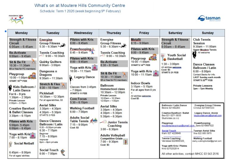 Term one 2026 Class Schedule - Moutere Hills Community Centre